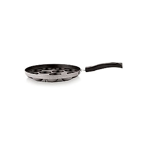Non Stick Aluminium Appam Pan 12 Cavity With Handel and Stainless Steel Lid - Blak and Silver