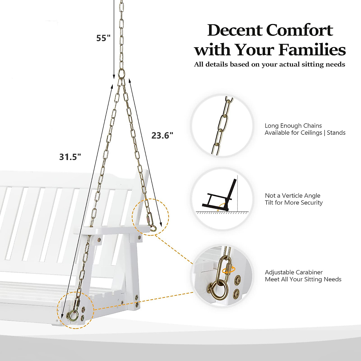 VINGLI Heavy Duty 880 LBS 4 FT Patio Wooden Porch Swing with Upgraded Adjustable Chains, Outdoor Handing Swing Bench for Garden, Yard, Balcony (White)