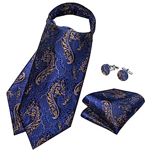 DiBanGu Navy Blue Ascot Ties for Men Floral Cravat for Men 100% Silk Woven Mens Cravat Tie and Pocket Square Set