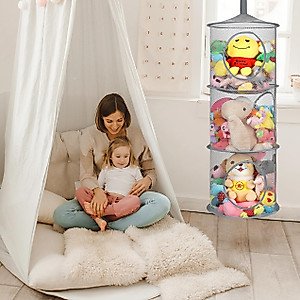 coastal rose 2Pcs Stuffed Animal Storage Foldable Stuffed Animal Net or Hammock Organizer, 3 Compartments Hanging Mesh Toy Storage Hammock for Kid Room Toys, Gloves, Hats, Socks（Grey）