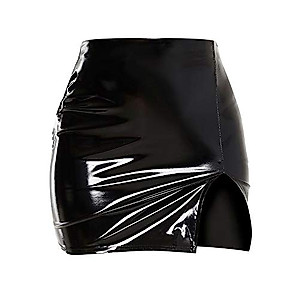 Women's Black Leather Mini Side Split Latex Skirt (US,4-6)