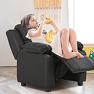 Costzon Kids Recliner, Leather Recliner Chair w/Footrest, Armrest Storage, Headrest & Lumbar Support, Ergonomic Lounge Chair for Living & Gaming Room, Adjustable Recliner Sofa for Boys Girls (Black)