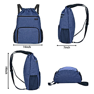 BAVELOE Drawstring Backpack Sports Gym Bag Wet Pocket & Shoe Compartment, Water-Resistant String Bag for Women Men(Navy Blue)