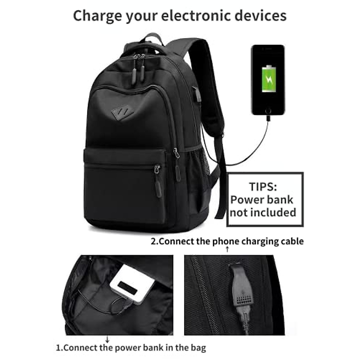 KOWVOWZ USB Charging Port Aesthetic Laptop Backpack Travel Student Bookbag Water Resistant (Black)
