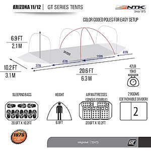 NTK Arizona GT 12 Person Tent for Family Camping | 20.6x10 ft Camping Tent with 2 Rooms, 2 Doors, 100% Waterproof Dome & Breathable Mesh | Outdoor Tent | 2500 mm Warm & Cold Weather Family Tent