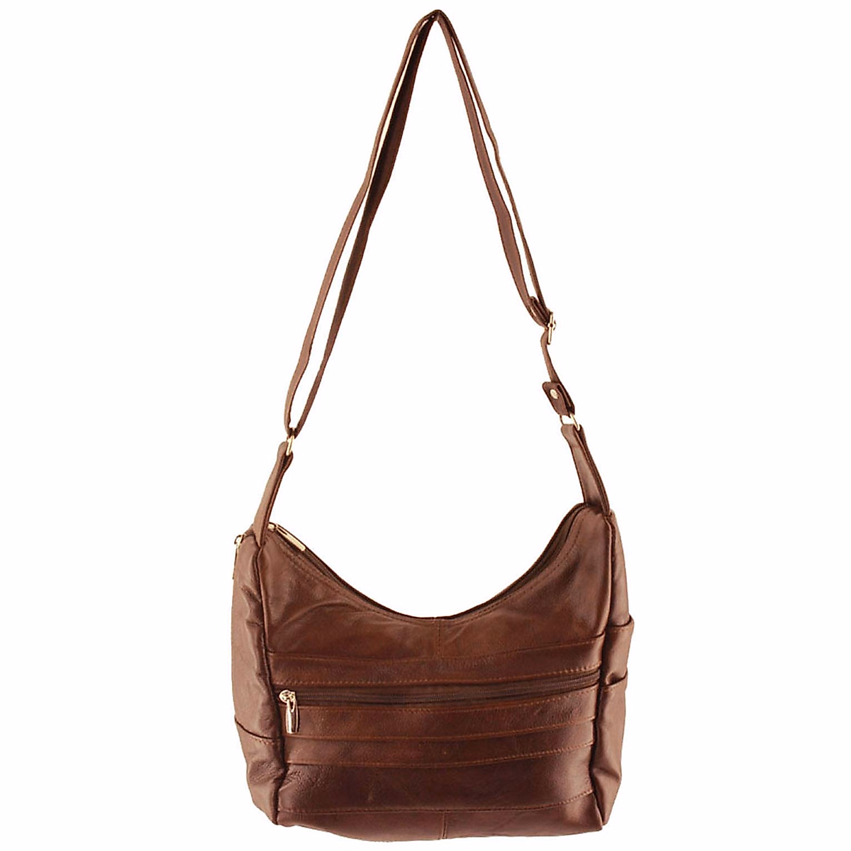 Women's Leather Medium Cross Body Purse Shoulder Ladies Handbag with Many Pockets (Brown)