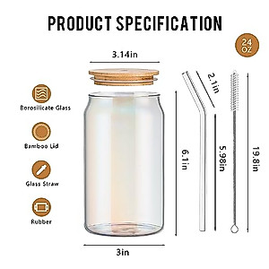 HUAHANGNA Cute Coffee Cups With Glass Straw 24OZ - Large Glass Drinking Jar, Bamboo Cups with Lids and Straws, Sublimation Glass Blanks, Boba Cup Ideal for Water, Juice, Beer, Smoothies…