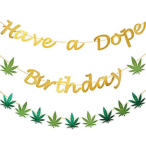 2 Pieces Pot Leaves Birthday Banner Glittery Green Weed Leaves Banner Gold Letter Banner for Birthday Party Decoration Supplies