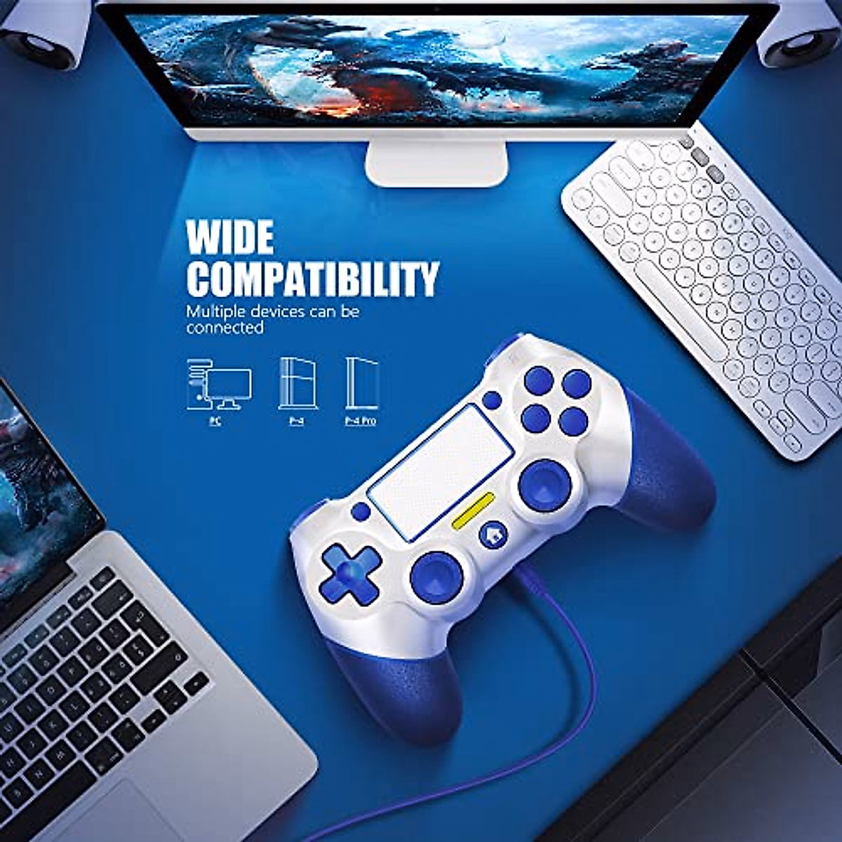 AceGamer Wireless Controller for PS4, Blue White V2 Gamepad Joystick for PS4 with Dual Vibration/6-Axis Motion Sensor/Non-Slip Grip of Both Sides and 3.5mm Audio Jack
