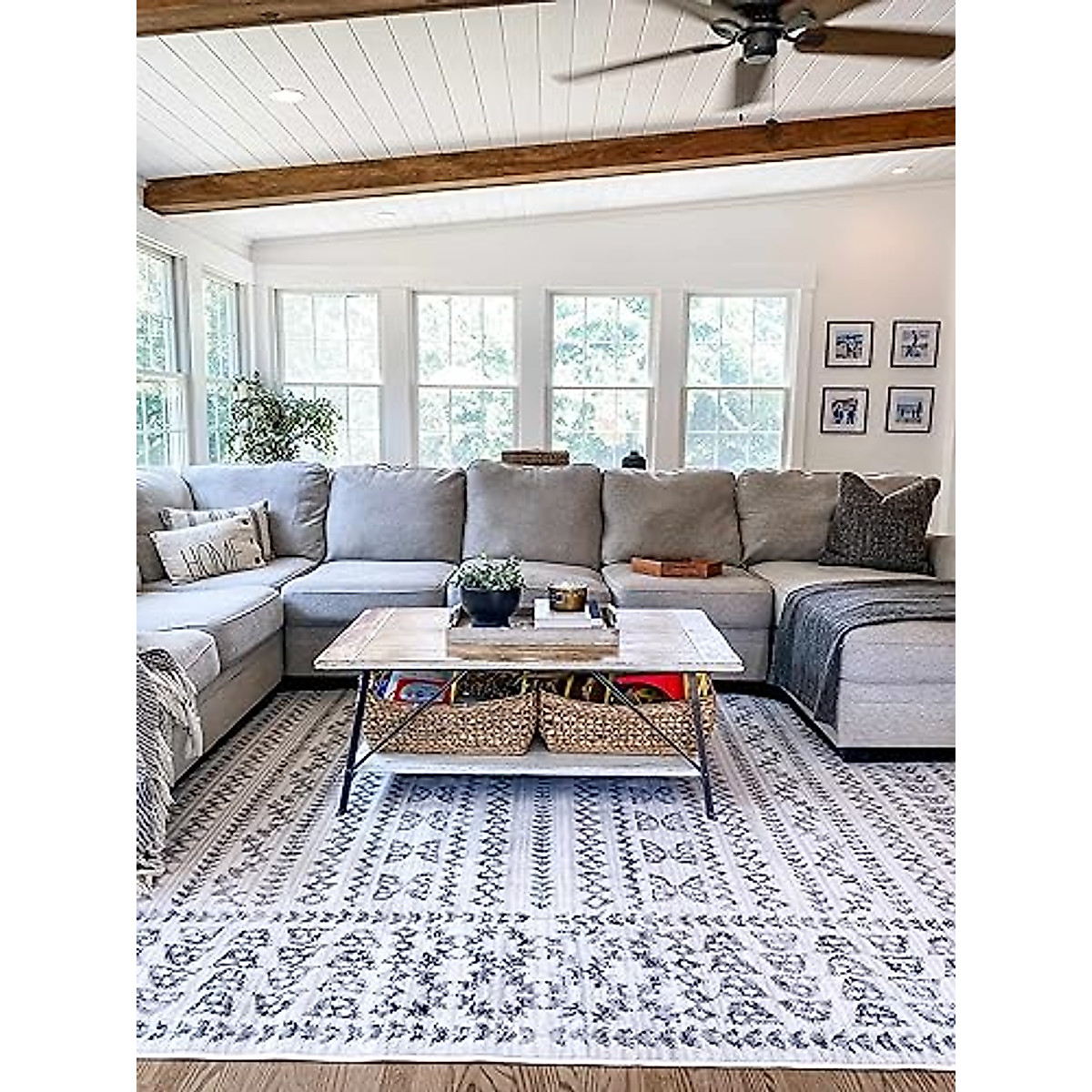 BoutiqueRugs Greig Farmhouse Moroccan Geometric Area Rug - Boho Aztec Tribal Carpet for Living Room - Black, Charcoal, Light Gray - 7'10" Round Rug