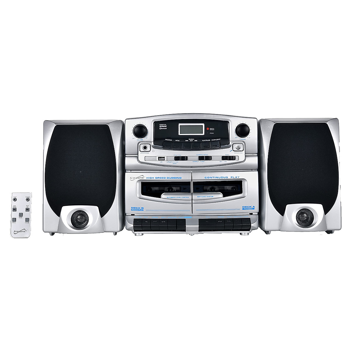 Supersonic SC-2121BT Bluetooth Entertainment Audio System, Bluetooth 5.0, op Loading MP3/CD Player, AM/FM Radio, USB Input, Double Cassette Recorder, High-Performance Detachable Speakers, AC/DC