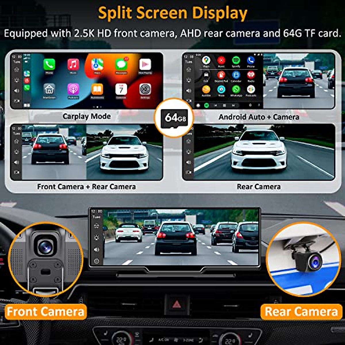 Westods Portable Wireless Carplay Car Stereo with 2.5K Dash Cam - 9.3" HD IPS Screen, Android Auto, 1080p Backup Camera, Loop Recording, Bluetooth, GPS Navigation Head Unit, Car Radio Receiver