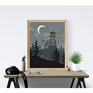 Forest Wilderness Art Print - 18 x 24 Nature Woods Trees Landscape Unframed Artwork Night Sky Lookout Tower Crescent Moon Outdoor Inspiration Poster Calming Peaceful National Park Decor