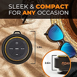 iFox Portable Bluetooth Shower Speaker, IPX7 Waterproof Outdoor Wireless Speaker, Built-in Mic, Carabiner, Beach, Camping, Hiking, Pool, Great Gift, Black/Gold
