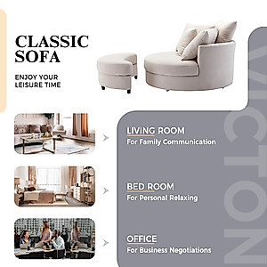 Yehha Sofa 360 Swivel Top Barrel Storage Ottoman & 4 Pillows, Modern Linen Leisure Chair Round Accent for Living Room Bedroom, Creamy White