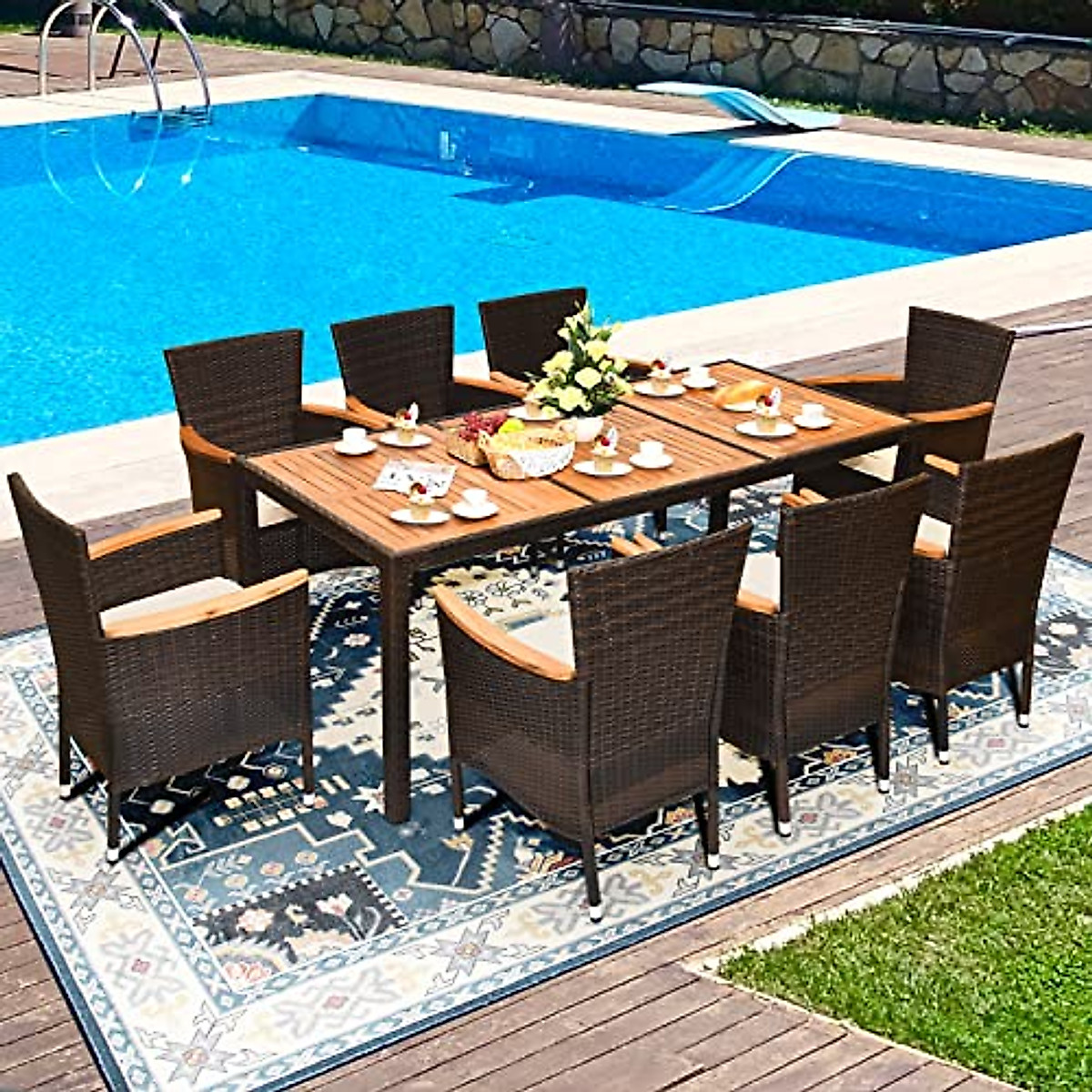GLACER 9 Pieces Outdoor Patio Dining Set, 75" Large Acacia Wood Wicker Dining Table & Stackable Cushioned Chair Set, Rattan Dining Furniture Set for Backyard, Garden, Poolside, Patio Dining Set for 8
