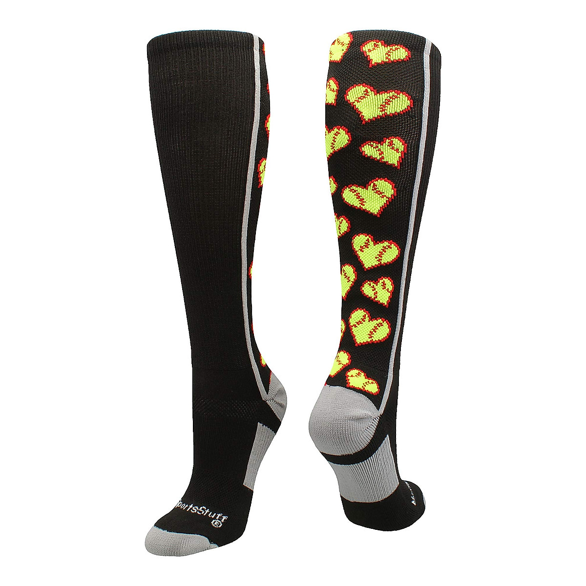 MadSportsStuff Love Softball Socks with Hearts Over the Calf (Black/Grey, Medium)