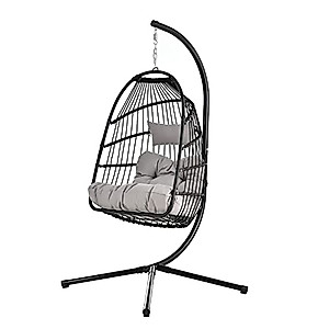 Patio Foldable Swing Chair with Cushion, PE Wicker Egg Hanging Chair w/Stand, Hammock Chair for Outdoor Balcony Indoor Bedroom (Black+Gray-2)