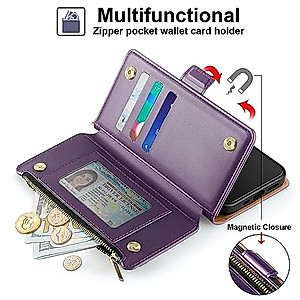 Antsturdy iPhone 13 Wallet case with Card Holder for Women Men,【RFID Blocking】 iPhone 13 Phone case PU Leather Flip Folio Shockproof Cover with Strap Zipper Credit Card Slots,(Purple)
