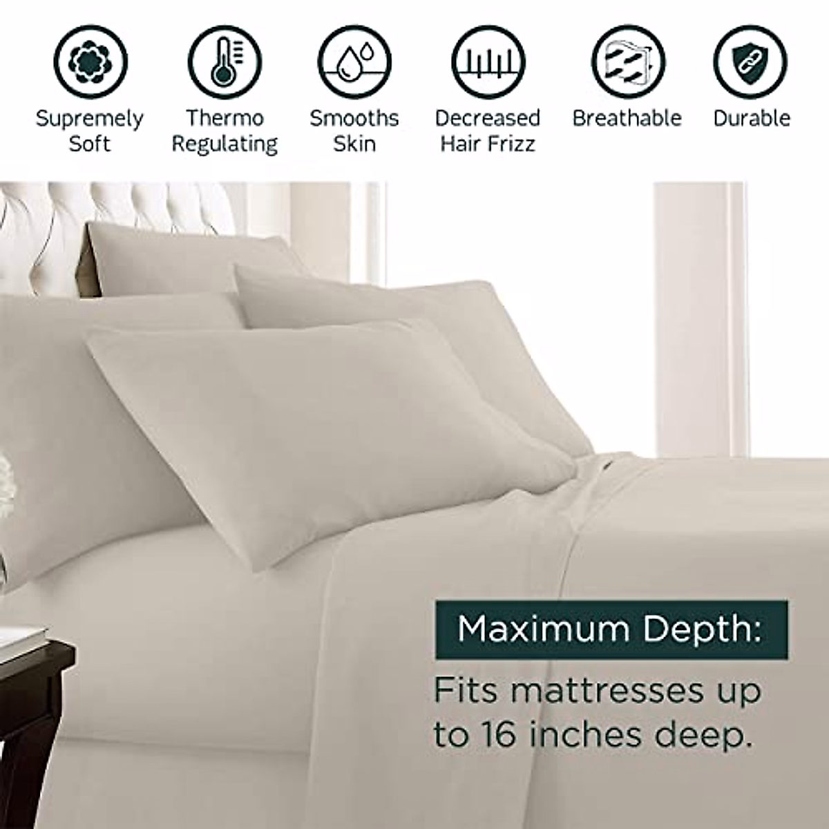 Bambuucell 6 Piece Full Size Sheet Set, Beige- Supremely soft, durable, breathable, hypoallergenic