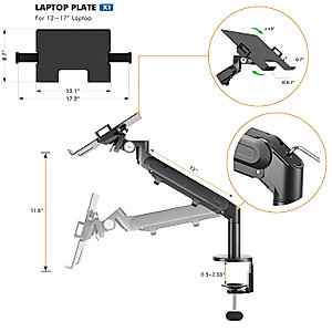 MPK Laptop arm Mount for Desk, Single Gas Spring Laptop Arm Desk Stand/Holder,Extra Laptop Tray Fits 12-17" Laptops/Notebook