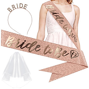 KatchOn, Rose Gold Bride to be Sash Set - Pack of 5 | Bachelorette Sash, Tiara, Veil for Bachelorette Party Decorations | Bachelorette Party Sashes | Bride Tribe Tattoos | Bridal Shower Decorations
