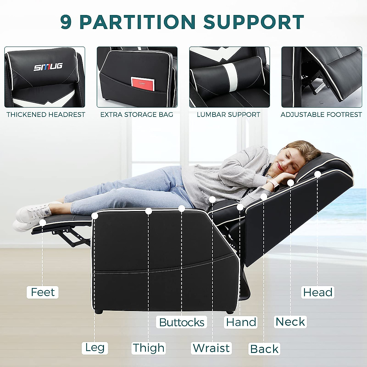 Gaming Recliner Gamer Chair for Adults - PU Leather Gaming Sofa Comfortable Movie Theater Chairs Ergonomic Single Couch for Living Game Room - White