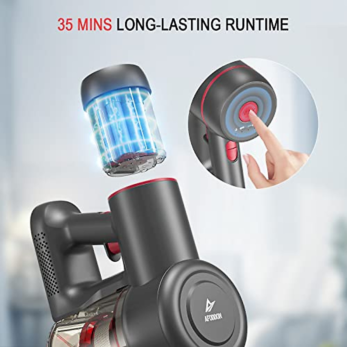 Afoddon Cordless Vacuum Cleaner, Stick Vacuum Cleaner with 250W 25Kpa Powerful Suction 2200mAh 6-Cell Battery Up to 35 Mins Runtime 6 in 1 Lightweight Vacuum for Pet Hair Carpet Hard Floor Red