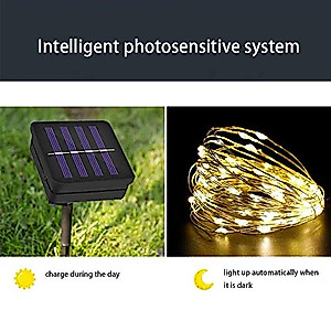 MorTime 200 LED 66 FT Solar Copper Wire String Lights, 8 Modes Waterproof Fairy String Lights for Indoor Outdoor Home Wedding Party Decoration, Warm White