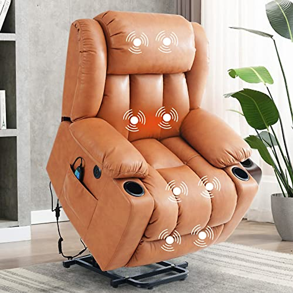 ASHOMELI Power Lift Recliner Chair for Elderly with Massage and Heating Function,2 Side Pocket,2 Cup Holders,USB Charge Port (Orange)