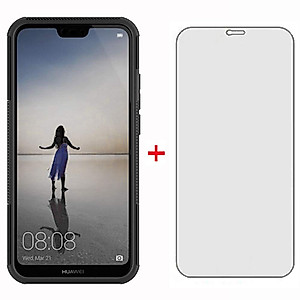 Phone Case for Huawei P20 Lite with Tempered Glass Screen Protector Cover and Stand Kickstand Hard Rugged Hybrid Protective Cell Accessories TPU Huwai P20lite P 20 Haweii Nova 3E Cases Men Women Black