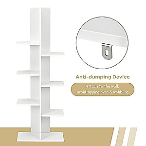 Tangkula 8 Shelf Bookshelf, Wooden Tree Bookcase with 8 Book Shelf, 20”L x 8”W x 55.5”H, Freestanding 8 Tier Storage Display Shelf with Anti-toppling, Corner Shelf for Living Room Home Office (White)