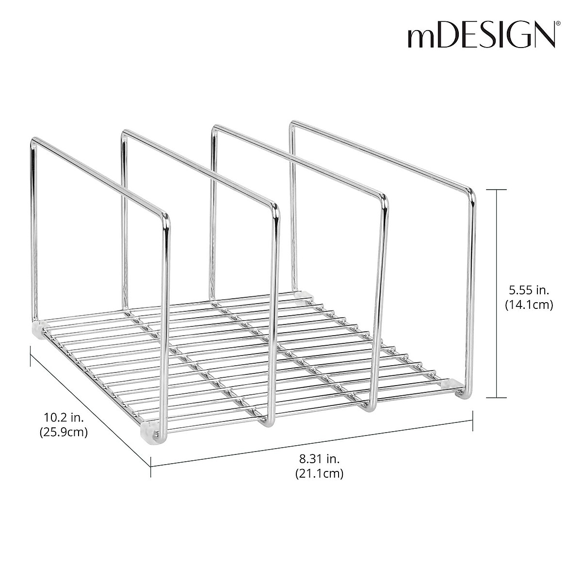 mDesign Metal Wire Organizer Rack for Kitchen Cabinet, Pantry, Shelves - Organizer Holder, 3 Slots for Skillets, Frying Pans, Lids, Cutting Boards, Vertical or Horizontal Placement - Chrome