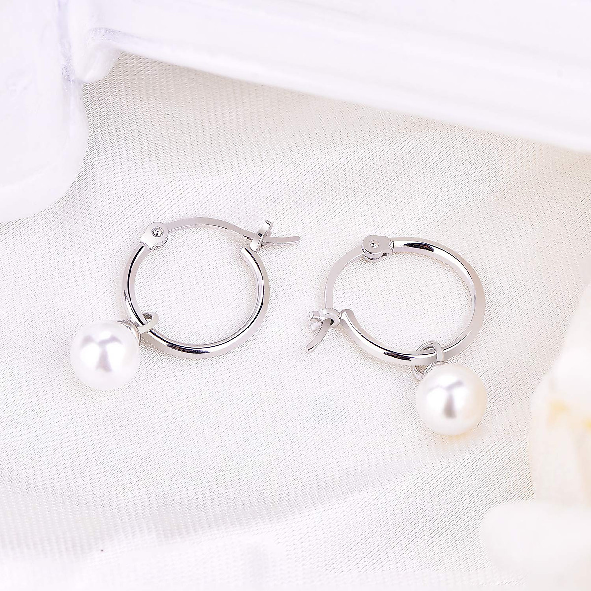 JO WISDOM 925 Sterling Silver Simulated White Shell Pearl Hoop Earrings (Size: 1.5 * 15mm)