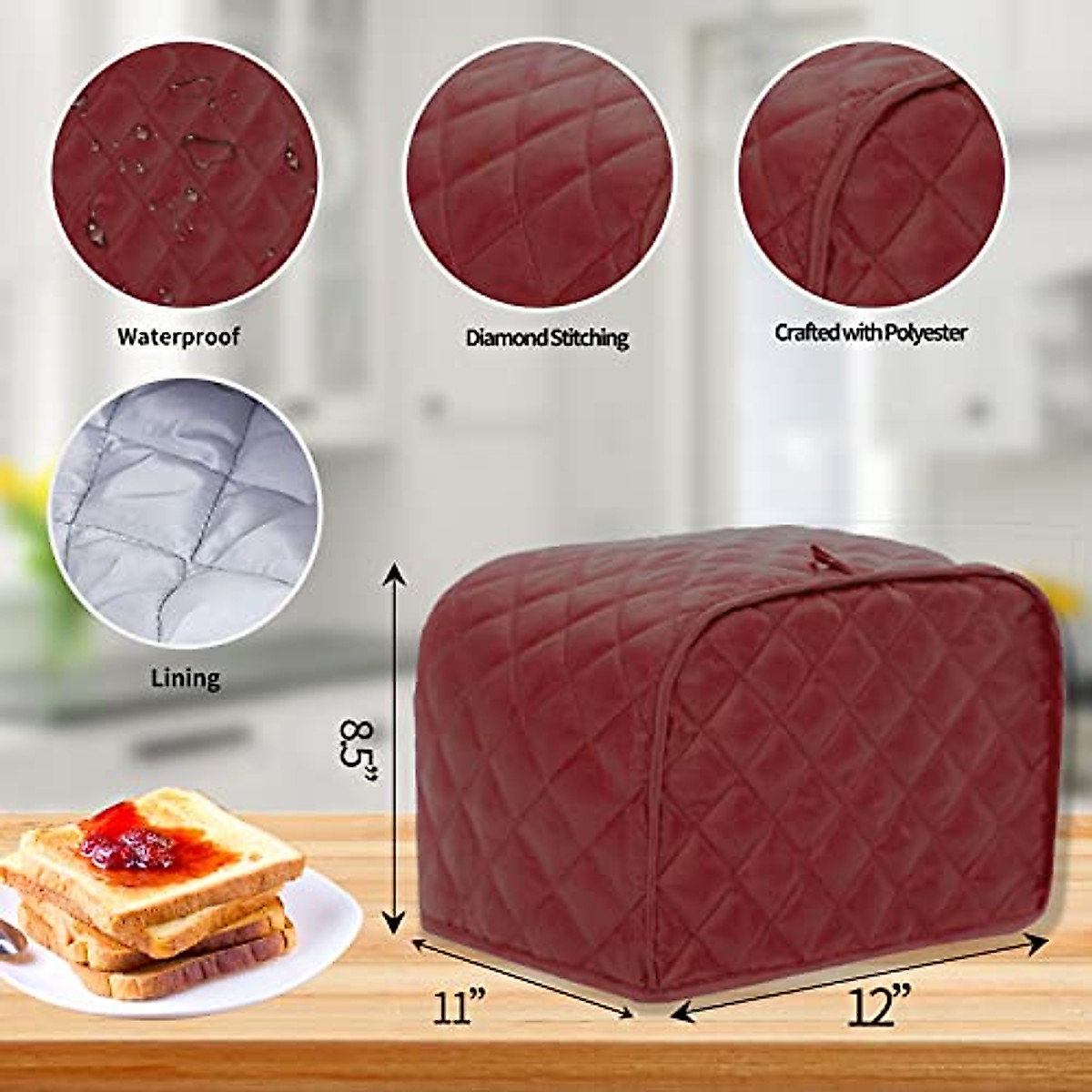 KINMAD Polyester Fabric Quilted Four Slice Bread Toaster Cover Bakeware Protector, Dust and Fingerprint Protection- Best Gift for Mother, Red
