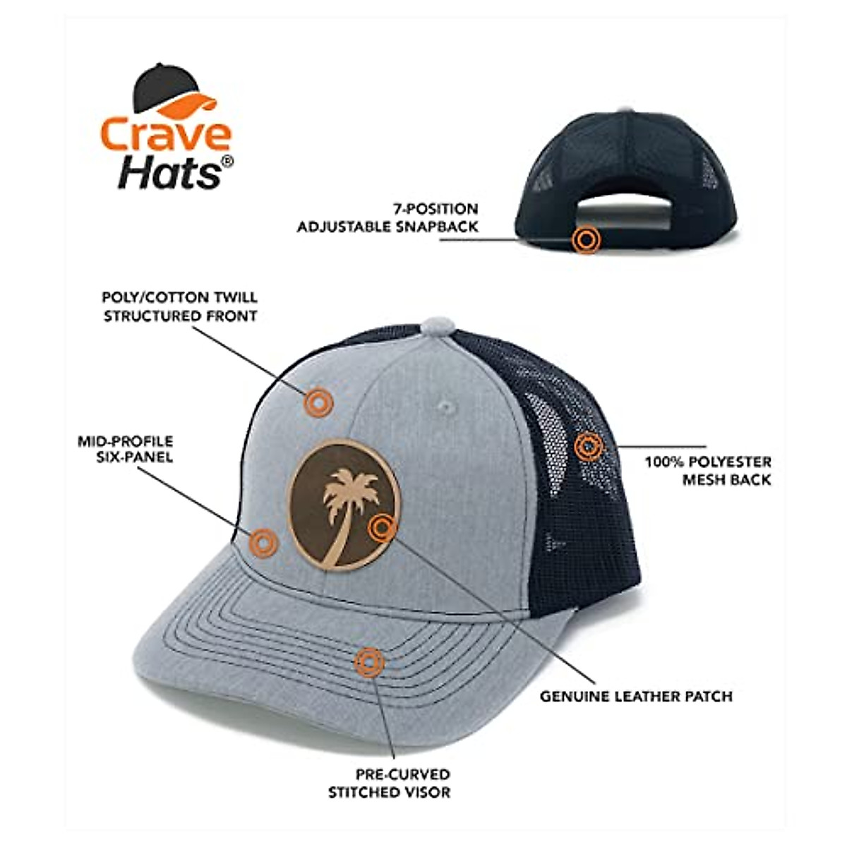 CRAVE HATS Palm Tree Trucker Hat, Palm Tree Hat, Beach Trucker Hat, Trucker Hats Beach (Gray/Black)