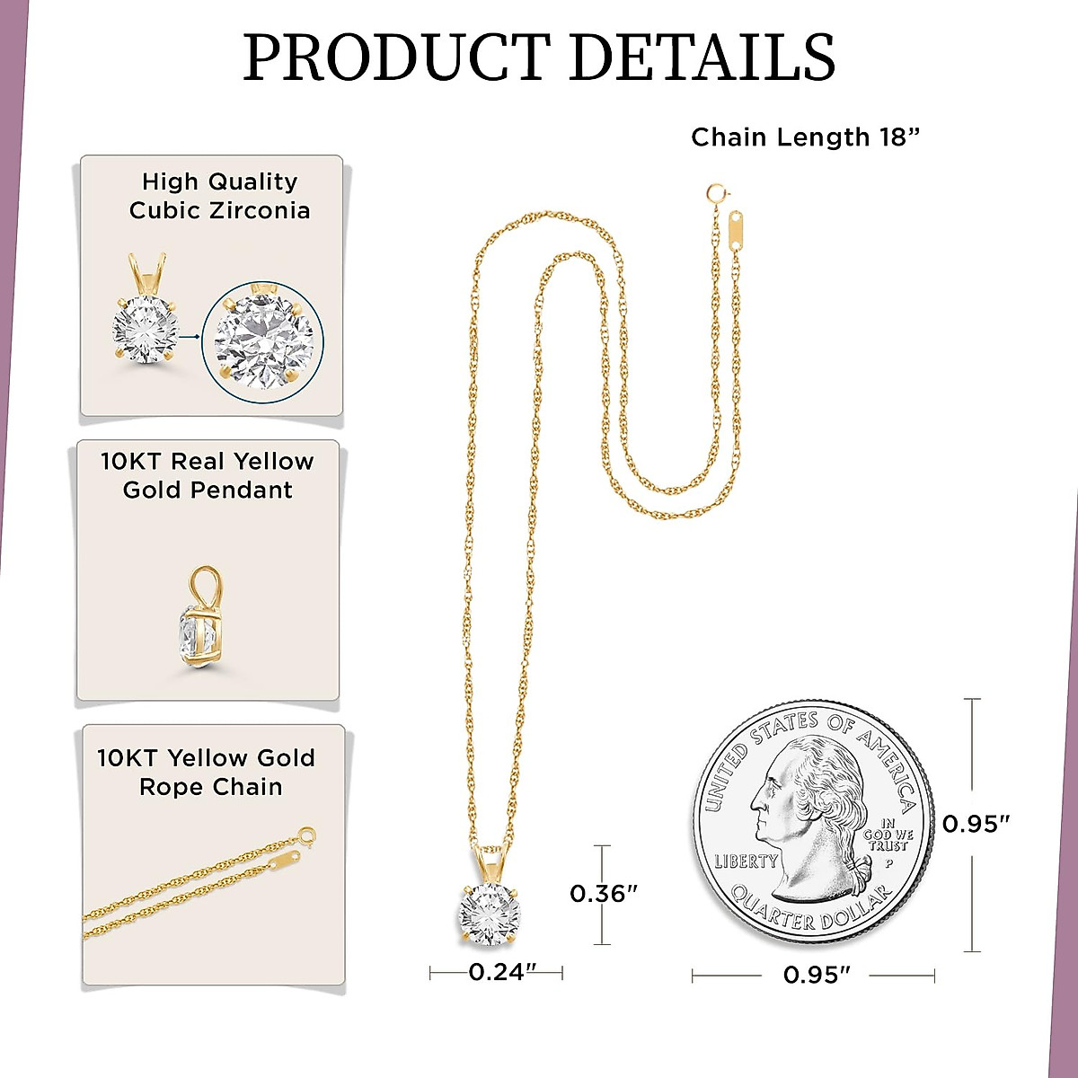 Jewelili 10K Yellow Gold 6.5mm Cubic Zirconia Solitaire Pendant Necklace, 18" Rope Chain