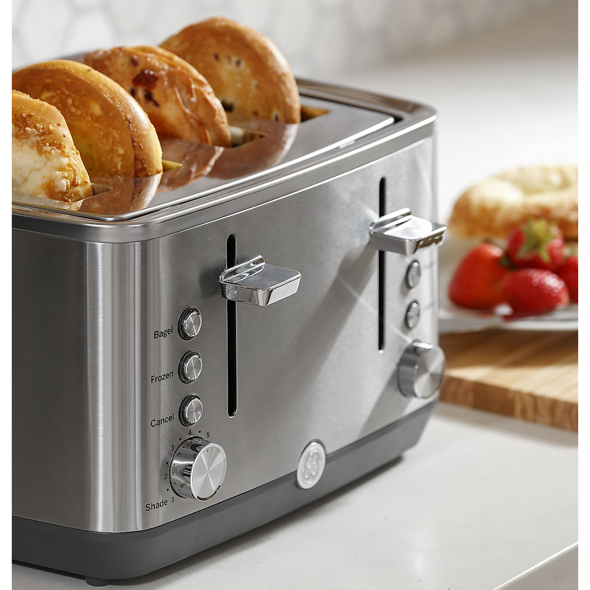 GE Stainless Steel 4 Slice Toaster | Extra Wide Slots for Bagels, Breads, Waffles & More | 7 Shade Options | Countertop Kitchen Essentials | 1500 watt