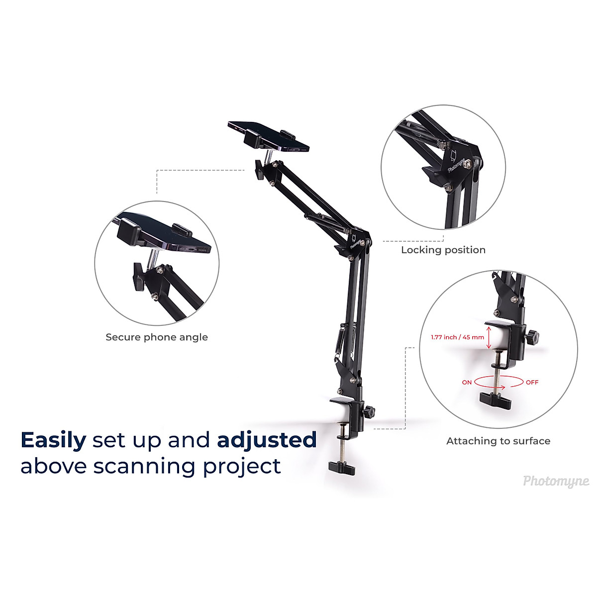 PHOTOMYNE Sturdy Flexible Phone Holder for Desk, Table, Office, Kitchen with Clamp for Photo Album Scanning, iPhone Holder for Desk- Black