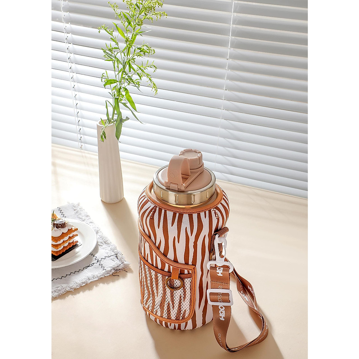 H2O Capsule 2.2L Half Gallon Wide Mouth Water Bottle with Storage Sleeve and Removable Straw - Hydration Tracker Jug with Measurements Marked – Shatterproof BPA-Free, (Libra Zebra)