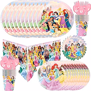 Princess Birthday Party Supplies Decorations for Girls Birthday Theme Tableware Includes Party Plates, Paper Cups, Knives, Forks and Spoons and Tablecloth