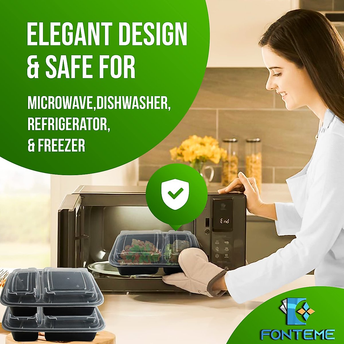 Fonteme 2 Compartment Meal Prep (50 Pack) Food Container with Airtight Lids | Easy Portion Control | Freezer & Microwave Safe Stackable BPA Free Plastic Rectangular Disposable Storage Container