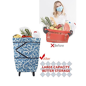 Folding Shopping Cart with Wheels Fashionable and Practical Shopping Carts, Grocery Cart on Wheels Used for Picnic Trips to Buy Vegetables(Morning Glory)