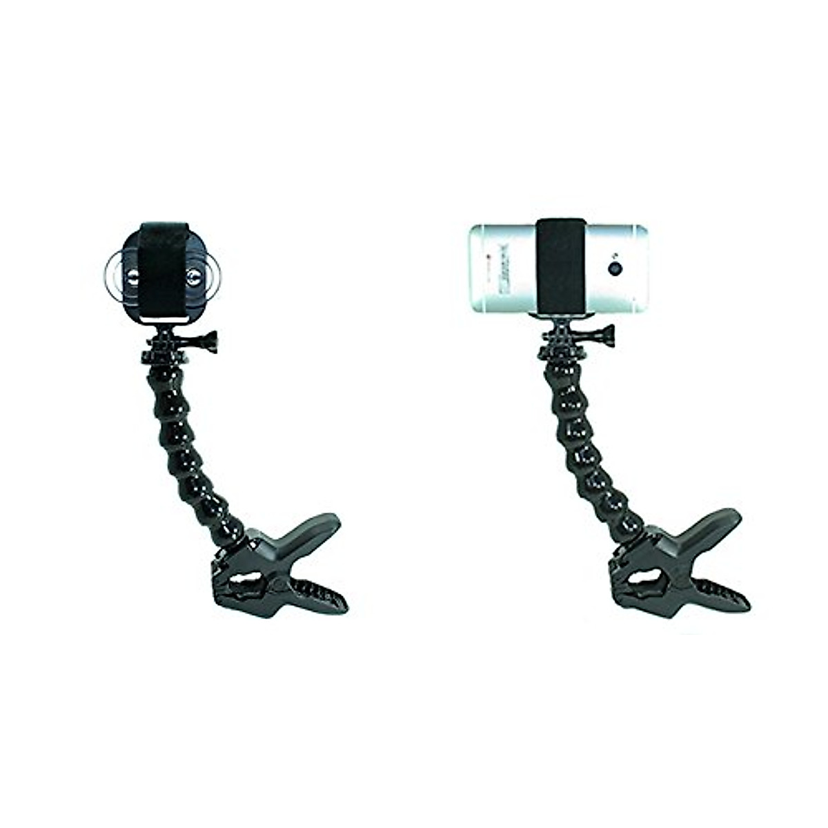 Action Mount Jaws Flex Clamp + Adjustable Goose Neck + Universal Mount Adapter for Smartphone, W/Base Clip & Screw. Use with a Phone, or Gopro Camera. Easy to Use!