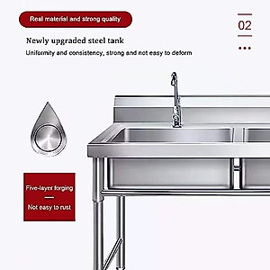 Commercial Stainless Steel Sink with 2 Compartments,Large Double Bowl Sink,Kitchen Sink Industrial Sink,with 2 Faucet,for Garage, Restaurant, Kitchen(47.2 * 23.6 * 31.5in)