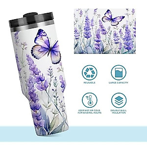 FRCSDIY Lavender Insulated Tumbler with Handle and Straw Lid,40oz Leakproof Stainless Steel Cup BPA-Free Water Bottle