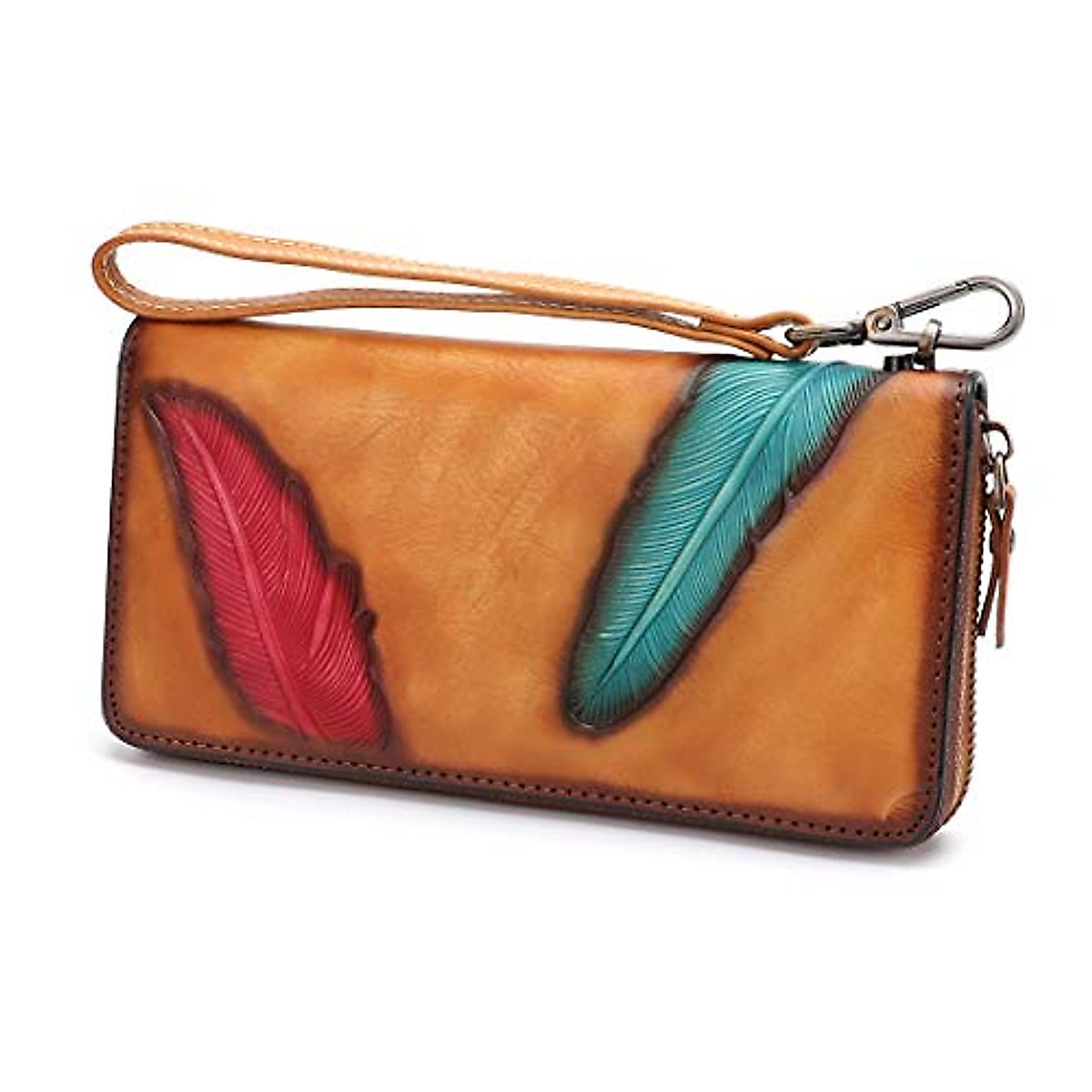 Women's Wallet Genuine Leather Zip Around Wristlet Long Purse Vintage Embossing Cowhide Capacity Handmade Clutch(Brown)