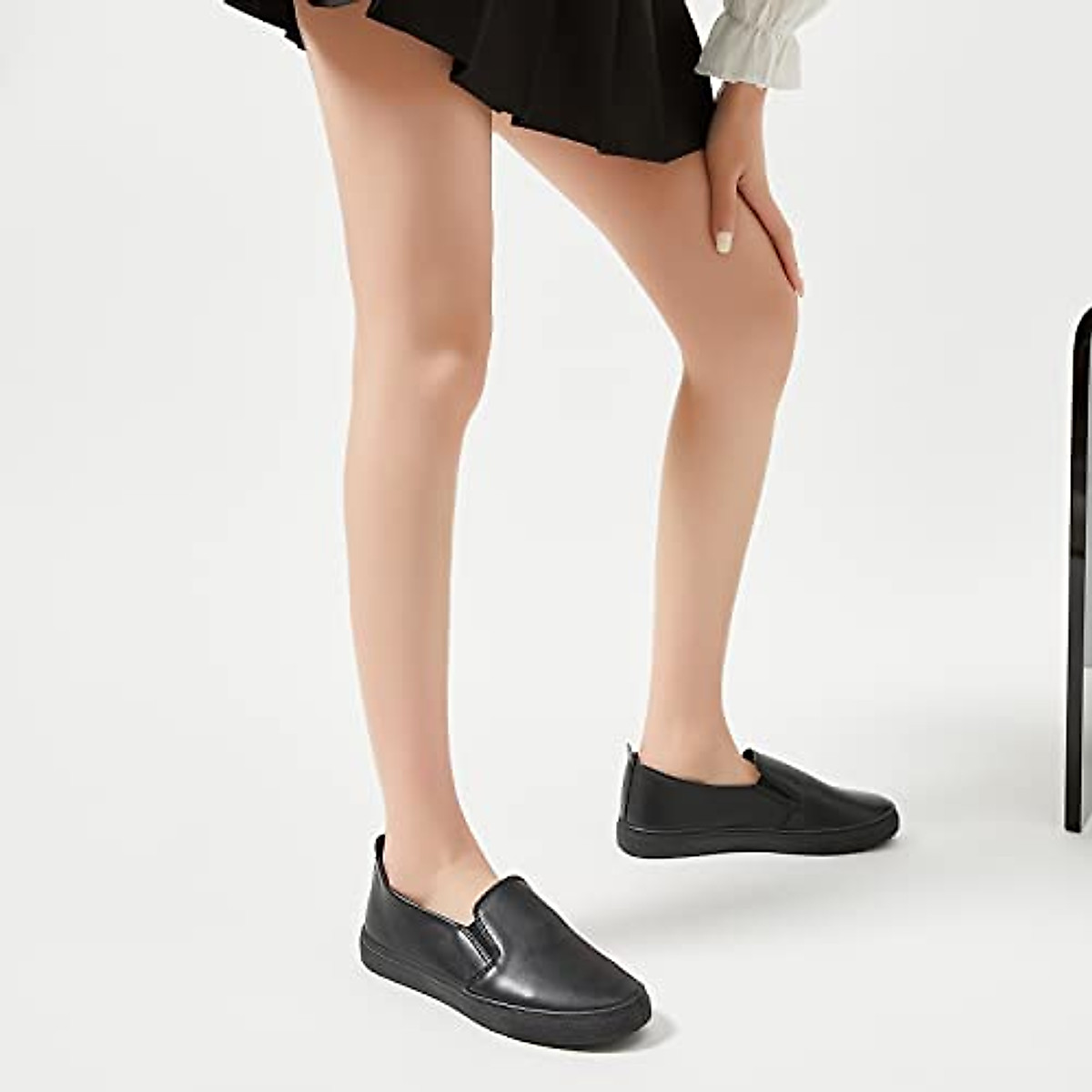 hash bubbie Womens White PU Leather Sneakers Low Top Tennis Shoes Casual Walking Shoes（Full Black.US7）