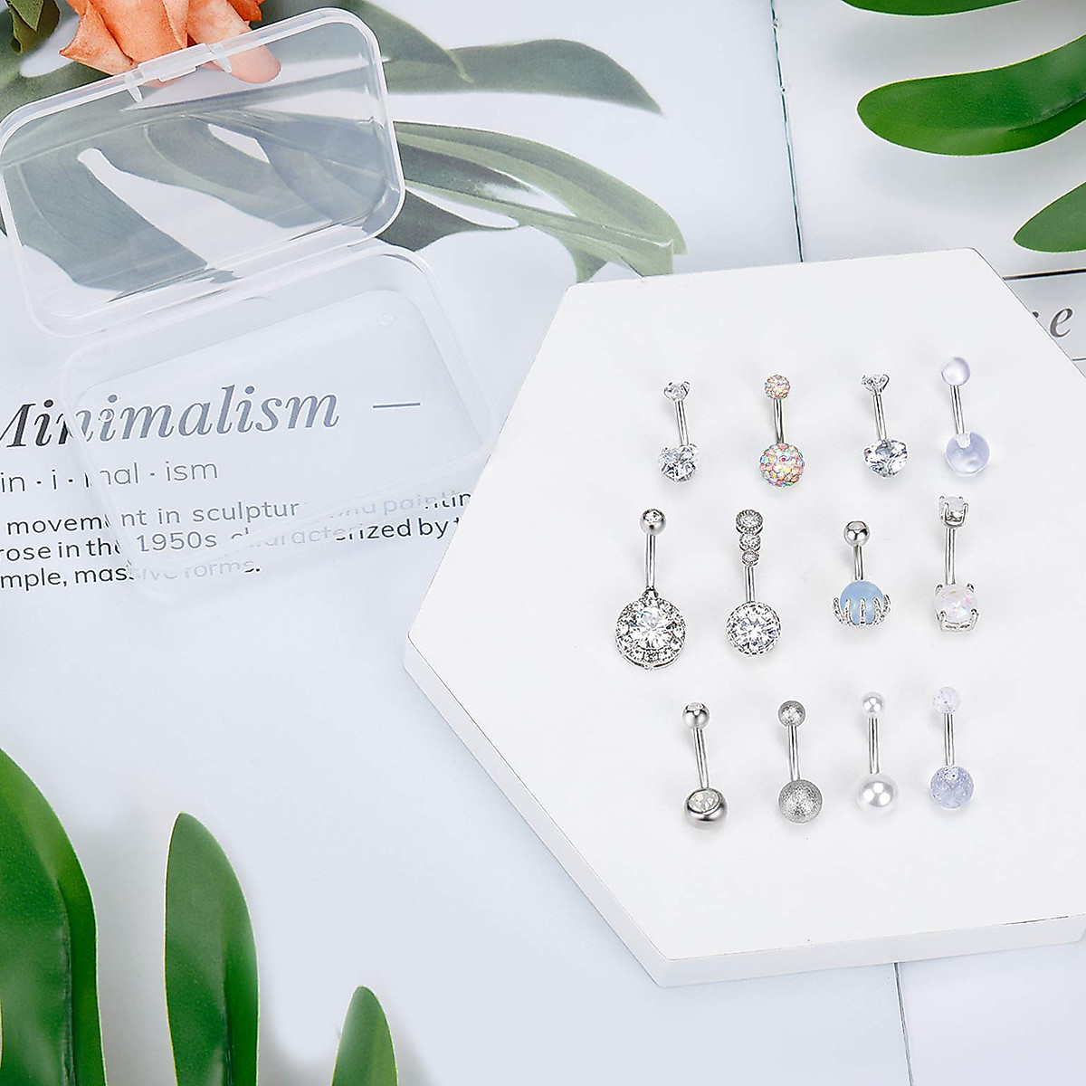 ONESING 12 Pcs 14G Belly Button Rings for Women CZ Opal Navel Rings Belly Barbells Stainless Steel Body Piercing Jewelry