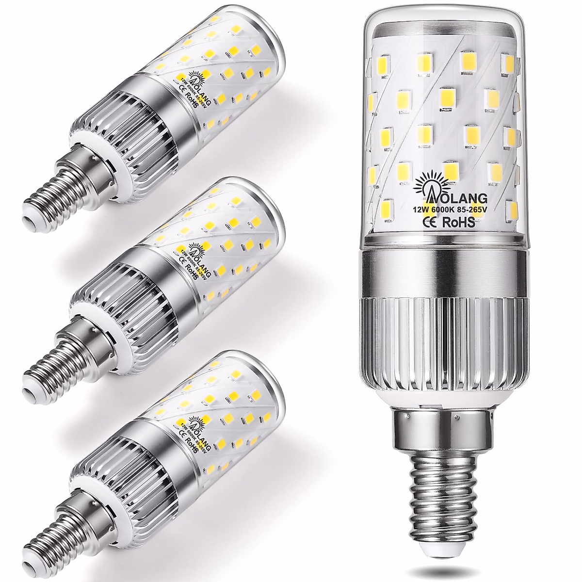 Aolang E12 LED Bulbs,12W LED Candelabra Bulbs,100 Watt Equivalent, Daylight White 6000K Chandelier Bulbs, E12 Base Ceiling Fan Light Bulbs, 85V-265V, 1000Lumen Corn Bulbs, Non-Dimmable (4 Pack)